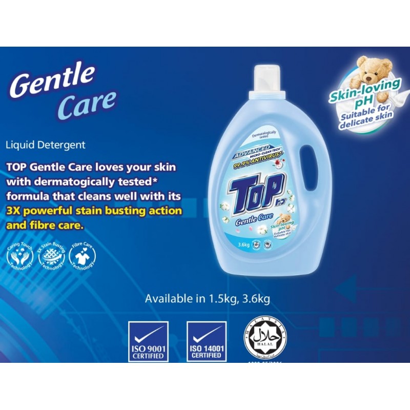Top Liquid Laundry Detergent - Gentle Care 3.6kg x 4 - Carton Sales